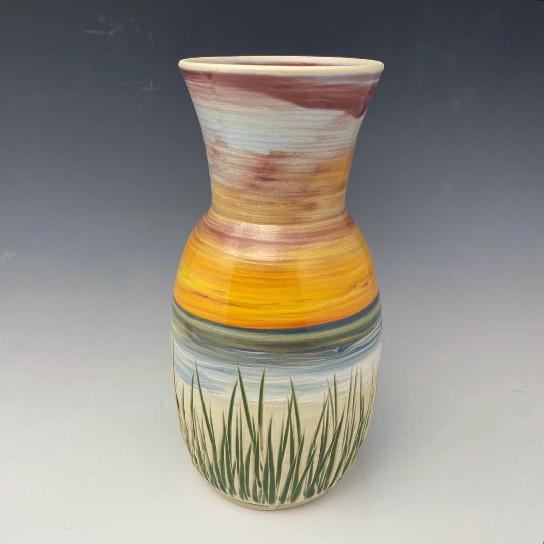 10" Vase With Beach Landscape Design, Ocean Vase, Seascape Vase, Flower ...