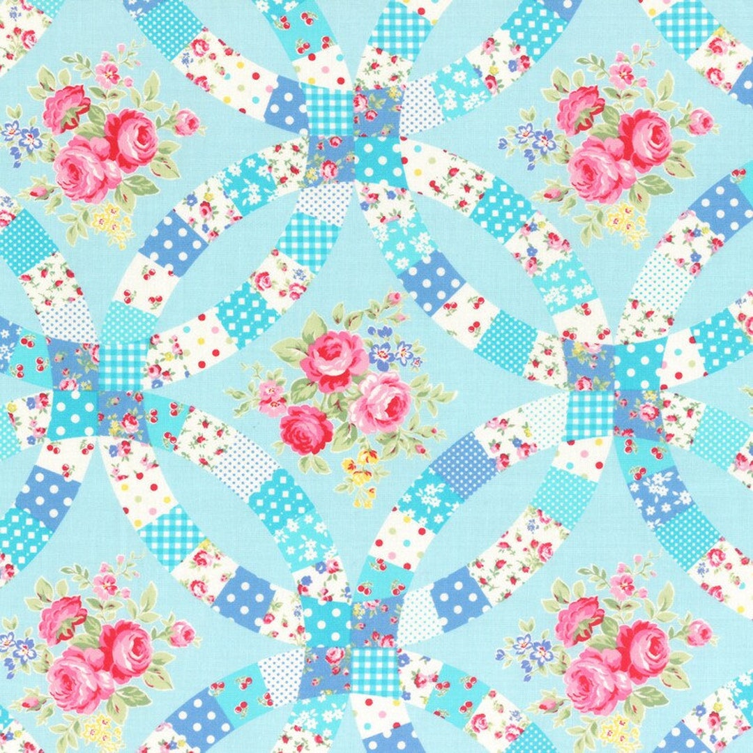 Flower Sugar Double Wedding Ring Cheater in Blue by Lecien Single Fat ...