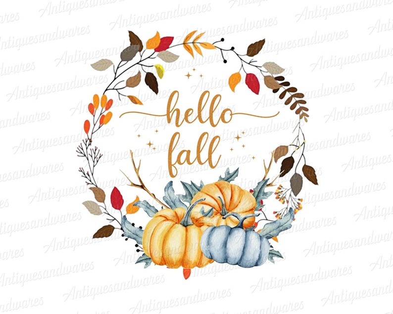 Hello Fall Vintage Pumpkins Wreath Png Countryside Autumn | Etsy