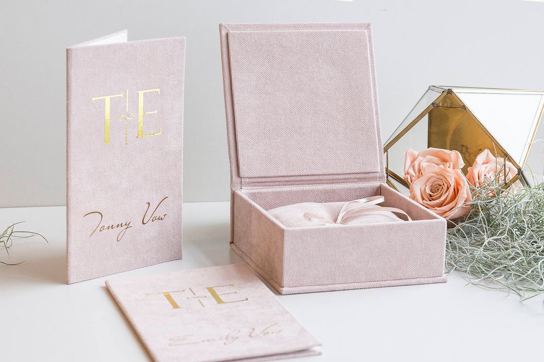 Blush Pink Personalised Wedding Ring Box With Wedding Vow Books and ...