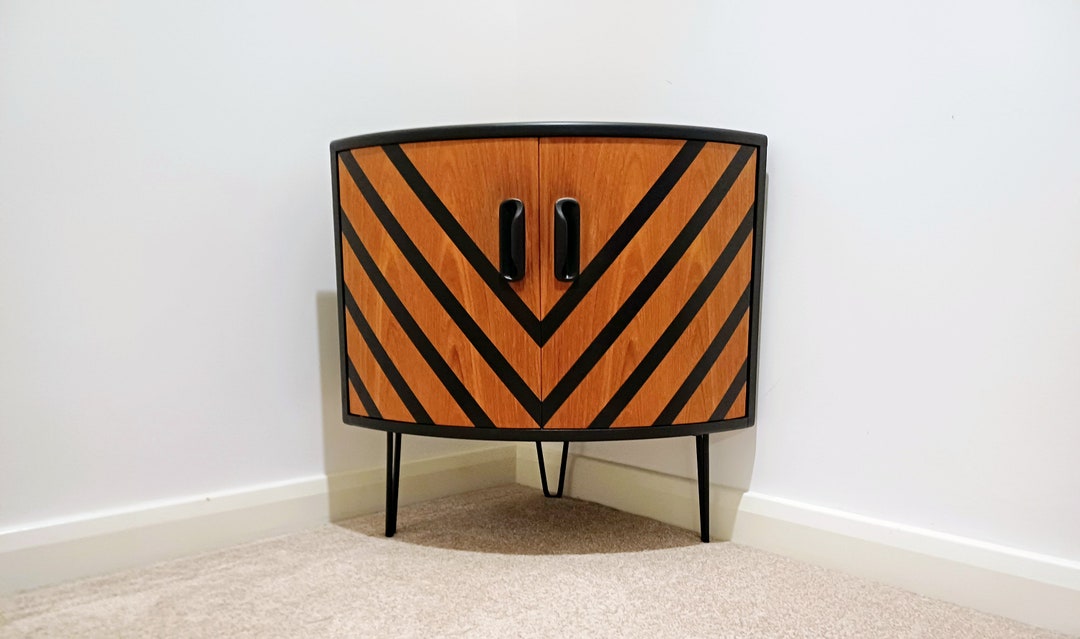 SOLD Retro Vintage G Plan Corner Cabinet Chevron Hand Painted Black ...
