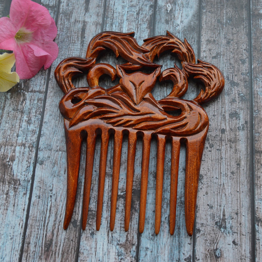 Fox Handmade Wooden Comb With Carving for Women / Wide Tooth Comb Mom ...