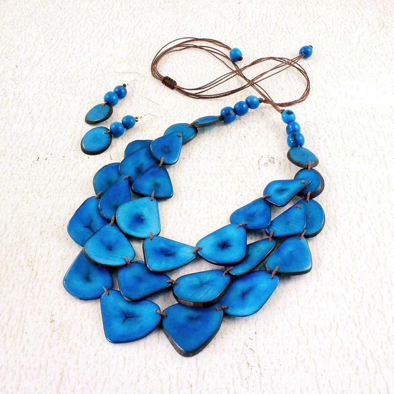 Blue Vegetable Ivory Necklace & Earring Set: Eco-friendly Statement ...