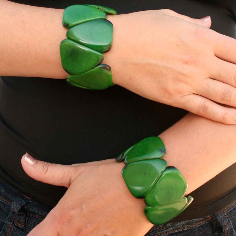Green Cuff Bracelet Tagua Nut Wide Elastic Bracelet Vegetable Ivory ...