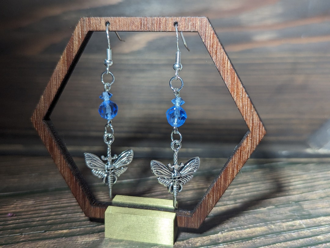 Death's-head Hawkmoth Sword Handmade Earrings Silver Blue Dangle Witchy ...