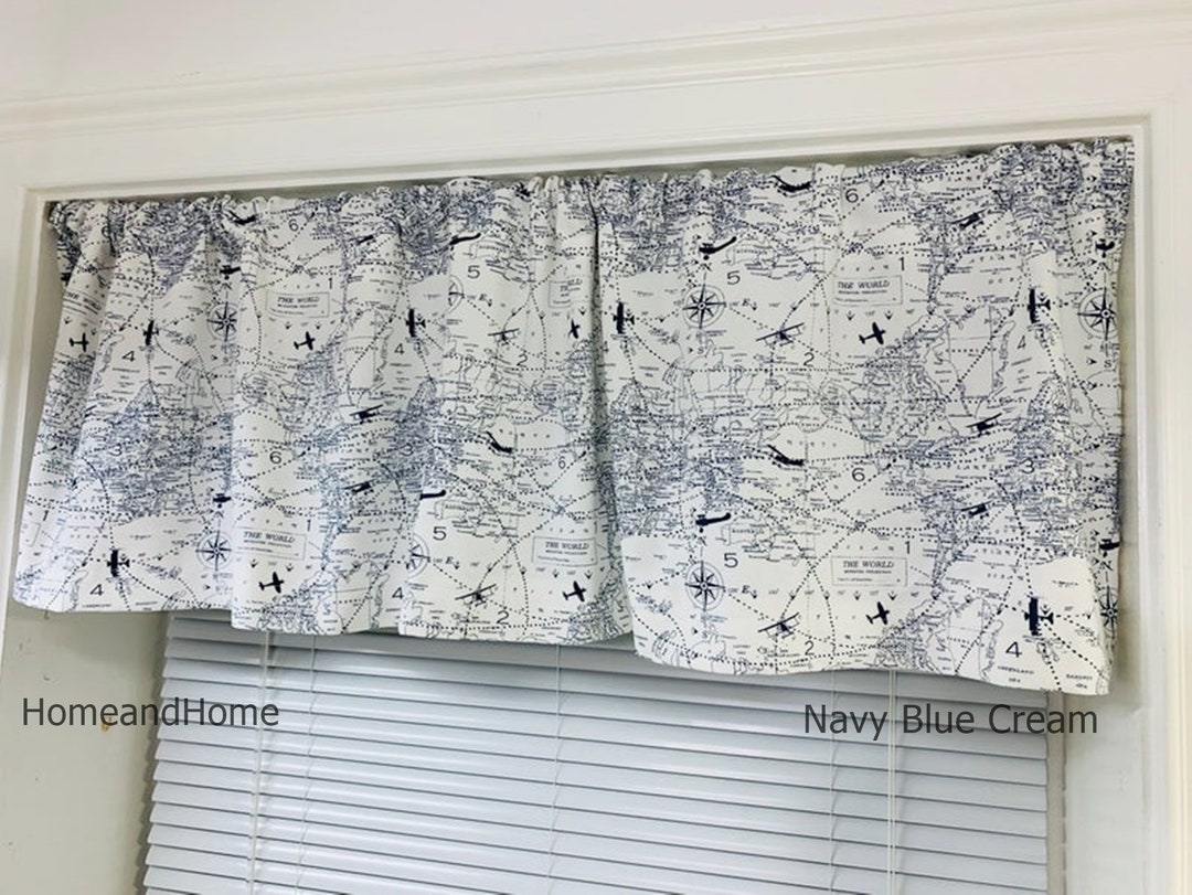 Air Traffic Travel Map Valances Curtains. Kitchen Navy Blue Gray ...