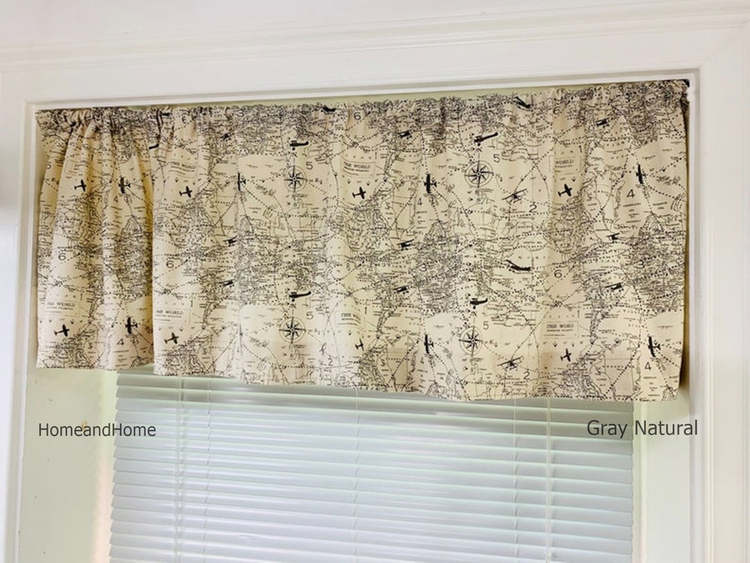 Air Traffic Travel Map Valances Curtains. Kitchen Navy Blue Gray ...