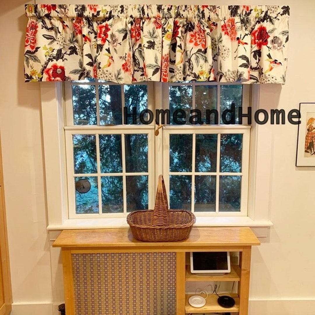 Colorful Waverly Valance. Lined Valance Black Gray Red Pink Bird Floral ...