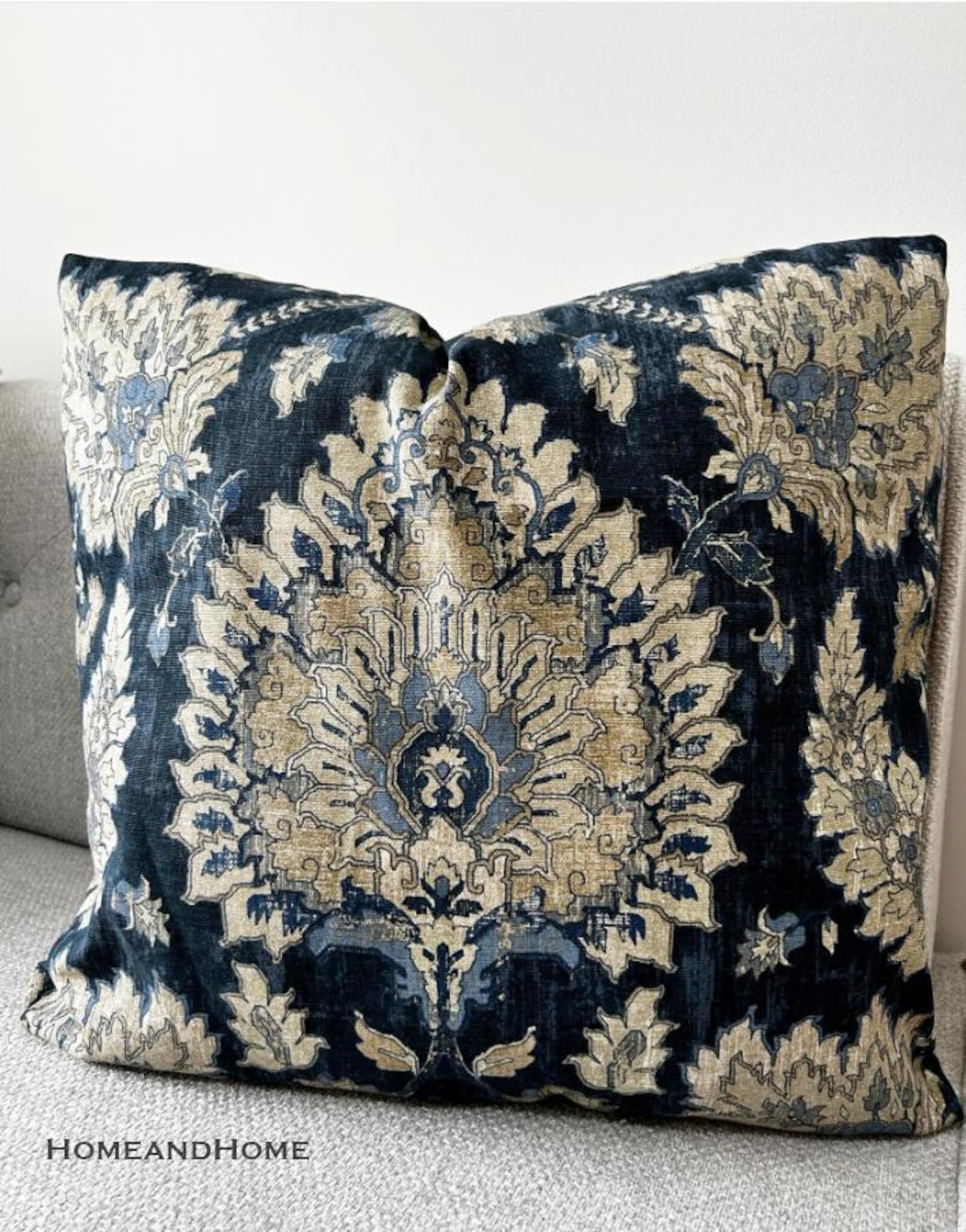Large Scale Framed Dark Denim Blue Stone Gray Floral Pillow Cover 18x18 ...