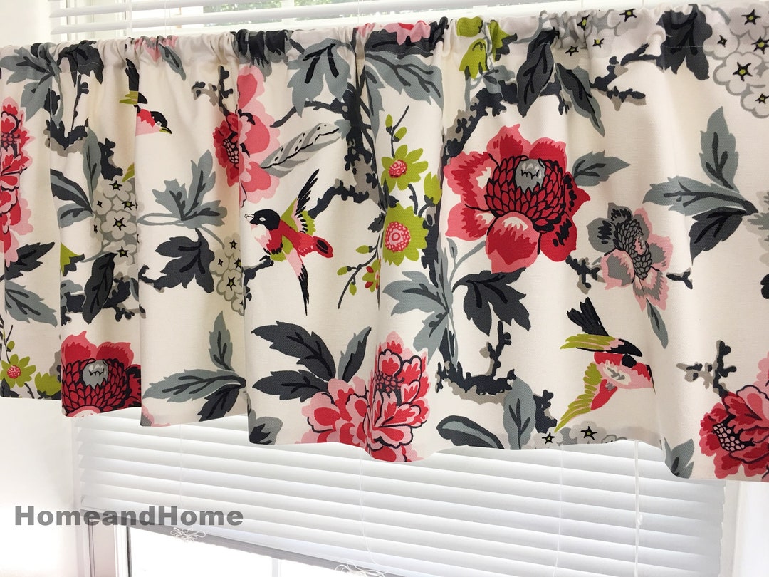Waverly Valance. Lined Valance Black Gray Red Pink Bird Floral Curtain ...