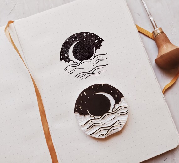 Moon Rubber Stamp Hand Carved Rubber Stamp Moon and Stars - Etsy
