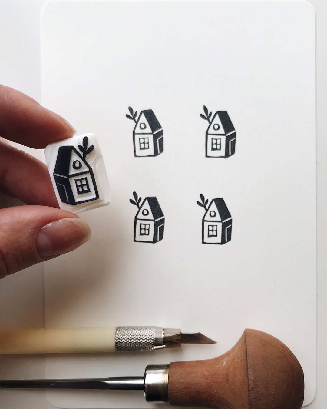 Tiny House Stamp, Hand Carved Rubber Stamp, House With Plant Stamp ...
