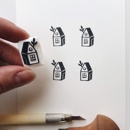 Tiny House Stamp Hand Carved Rubber Stamp House With Plant - Etsy