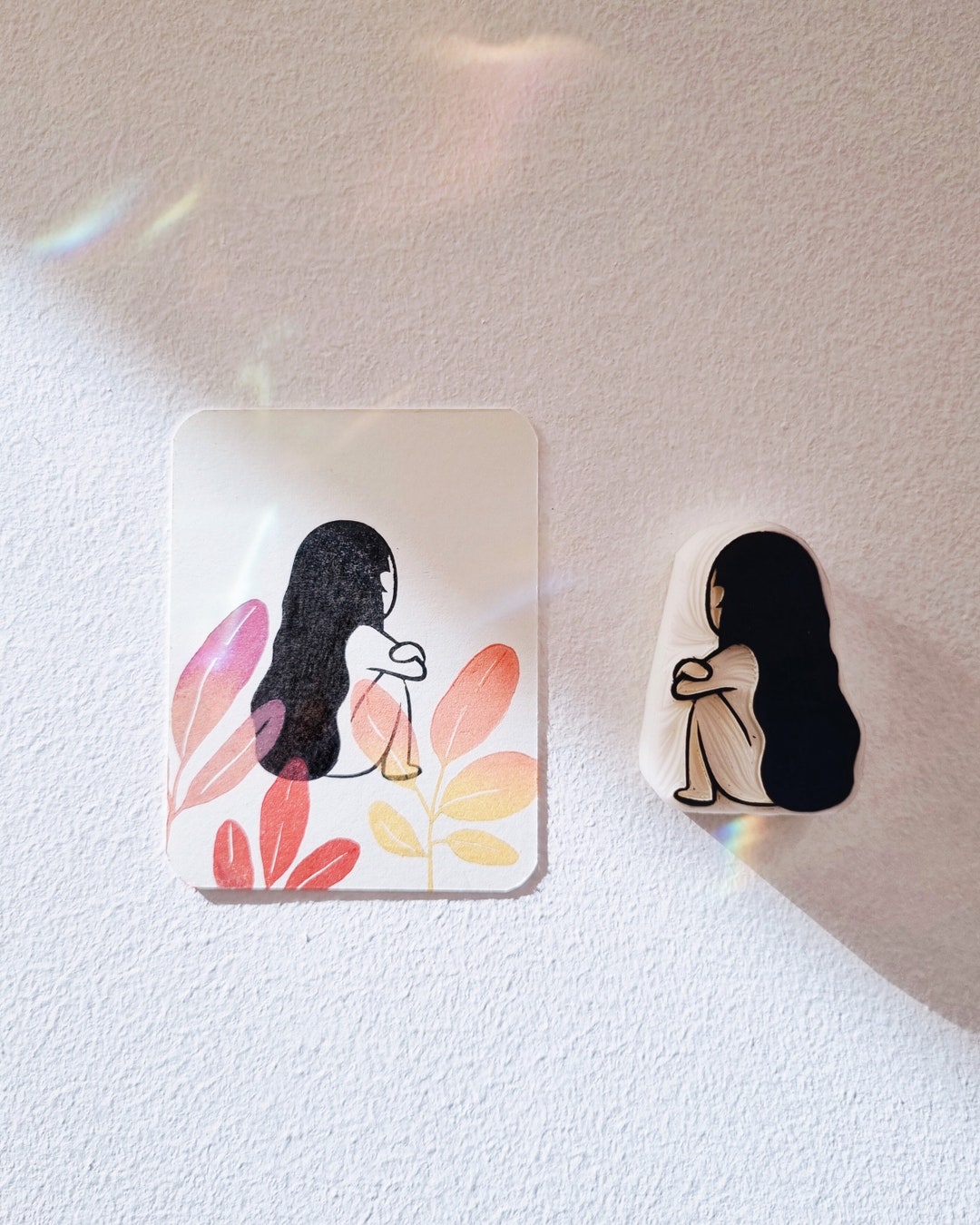 Sitting Woman Stamp, Dreamy Girl Stamp Logo, Reflecting Girl Stamp, Sad ...