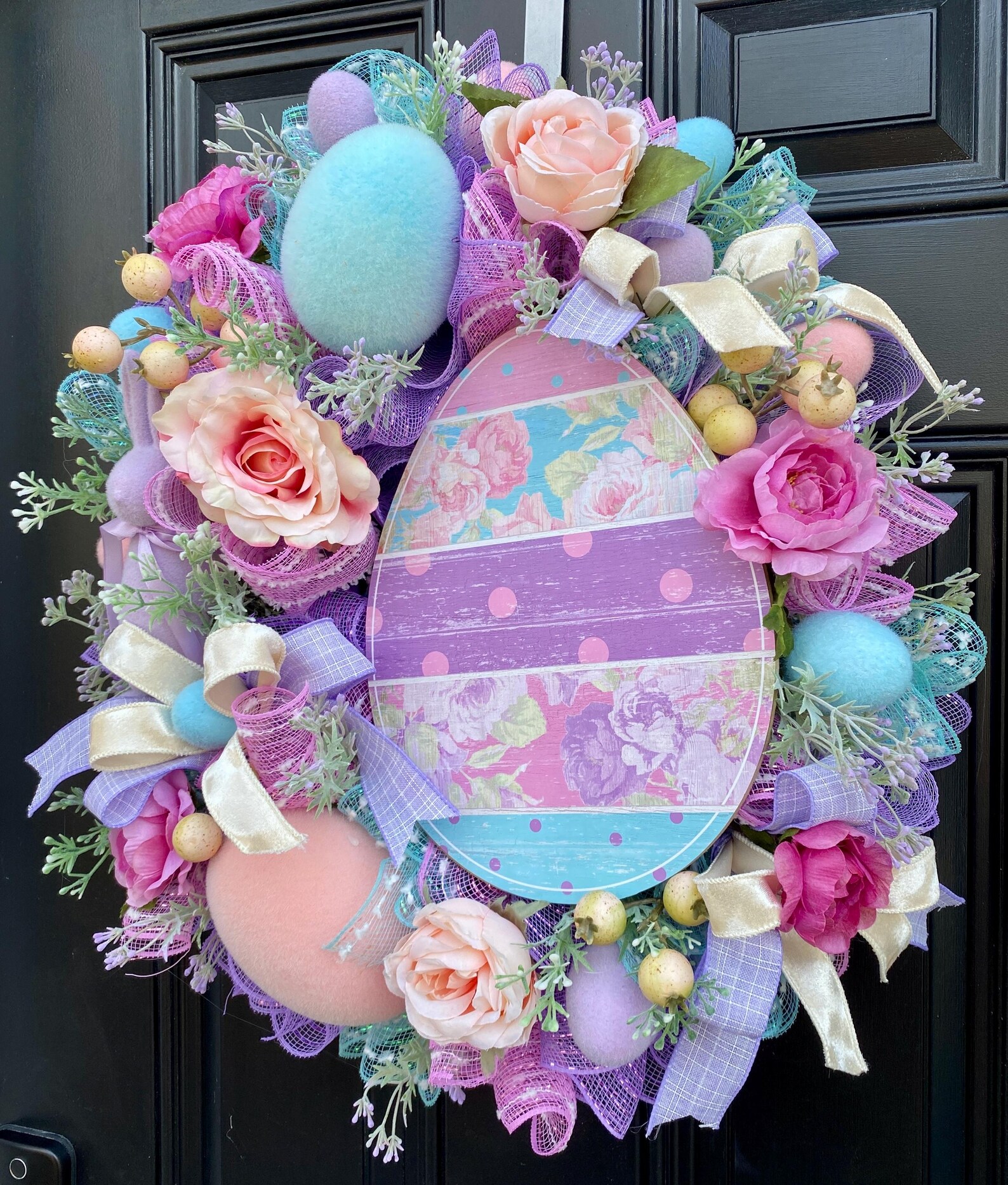 Easter Egg Floral Deco Mesh Wreath, Spring Front Door Decor, Outdoor ...