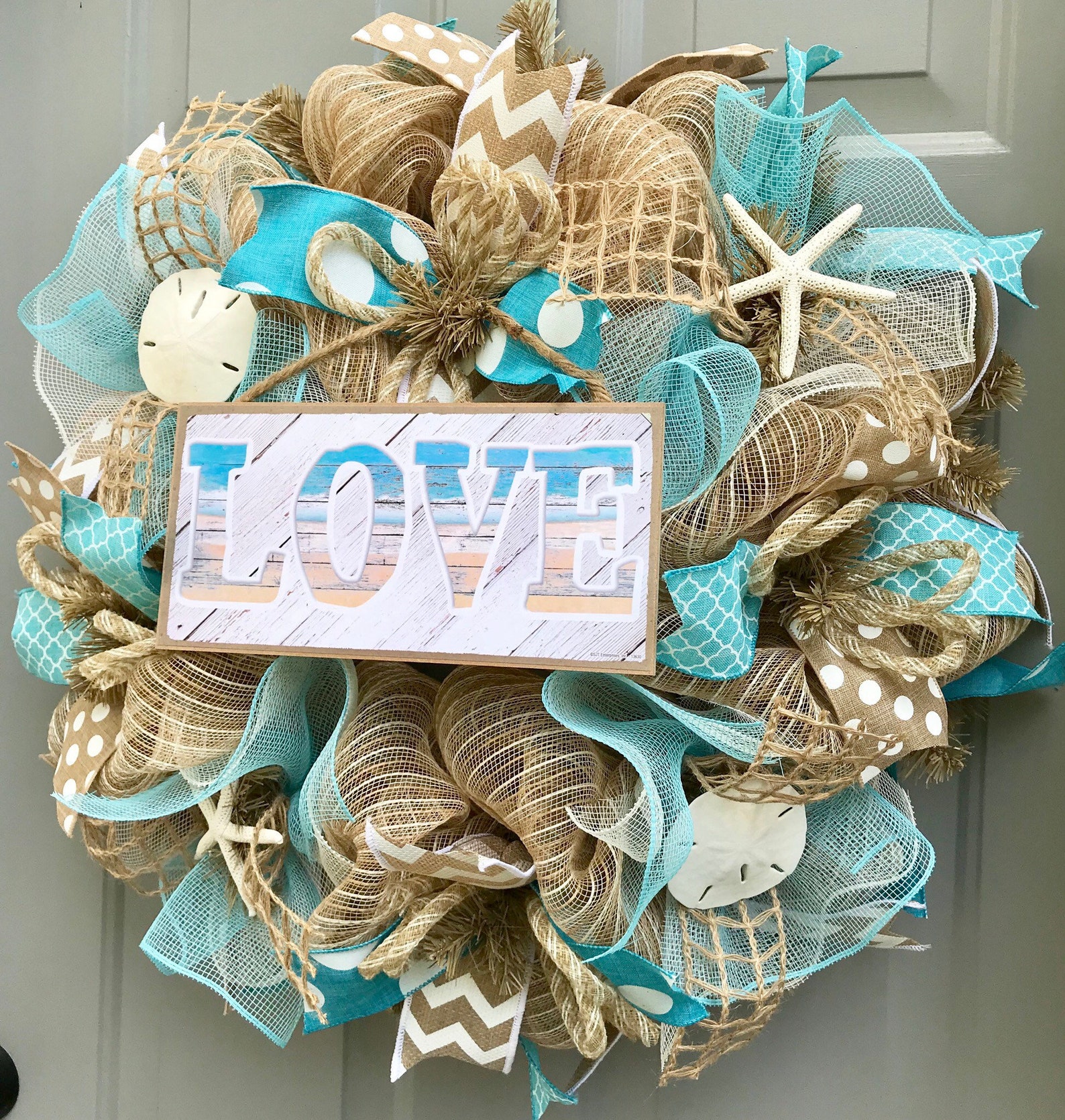 Beach Wreath Burlap Deco Mesh Wreath With Seashells Love - Etsy