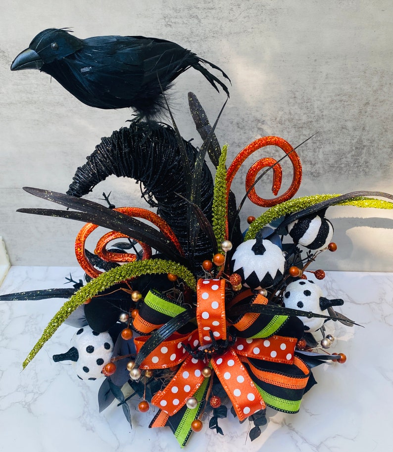 Halloween Table Arrangement, Witch Hat Centerpiece With Black Crow ...