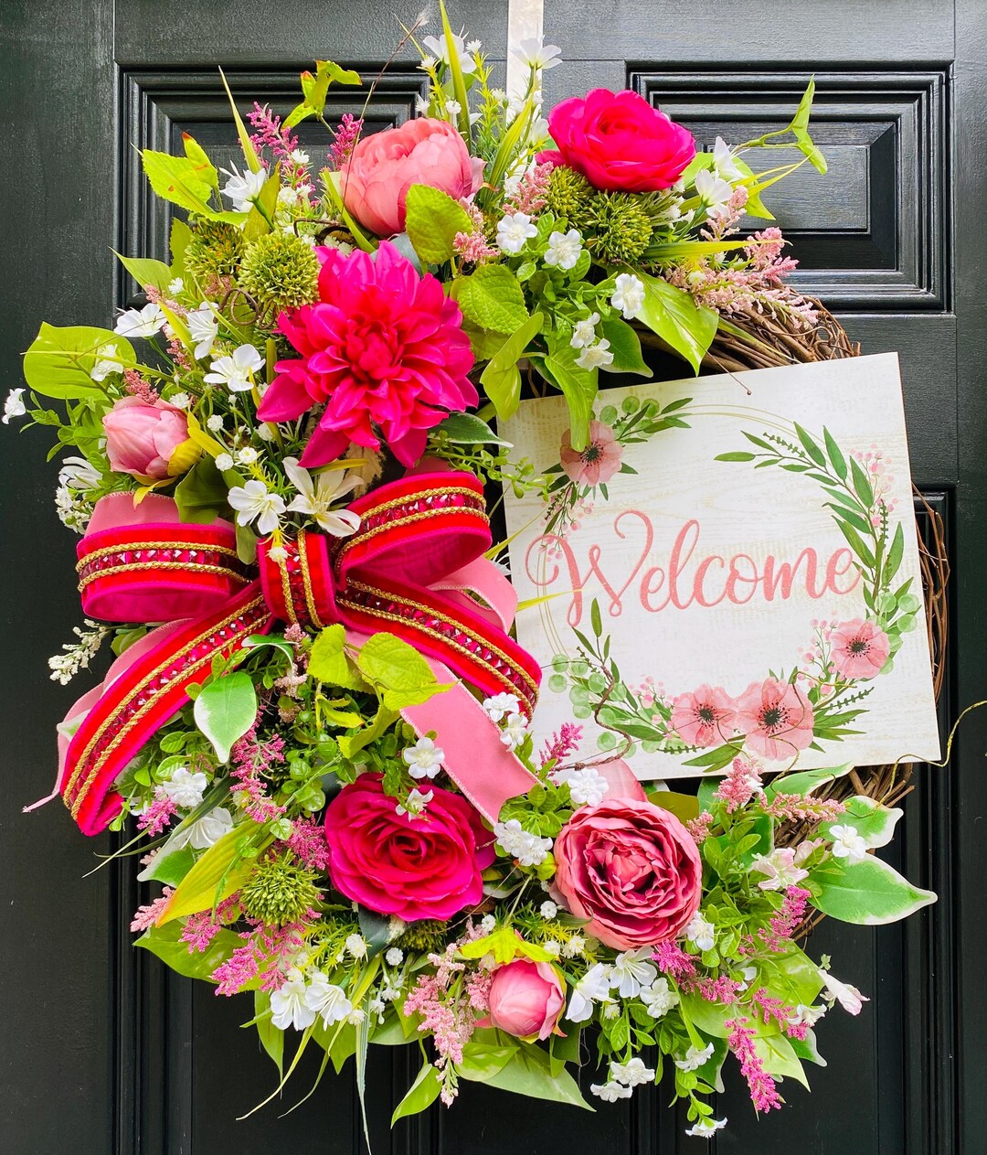 Welcome Floral and Greenery Grapevine Wreath, Everyday Decor for Front ...