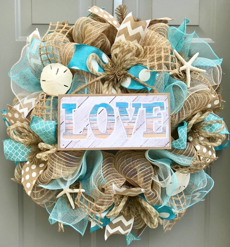 Beach Wreath Burlap Deco Mesh Wreath With Seashells Love - Etsy