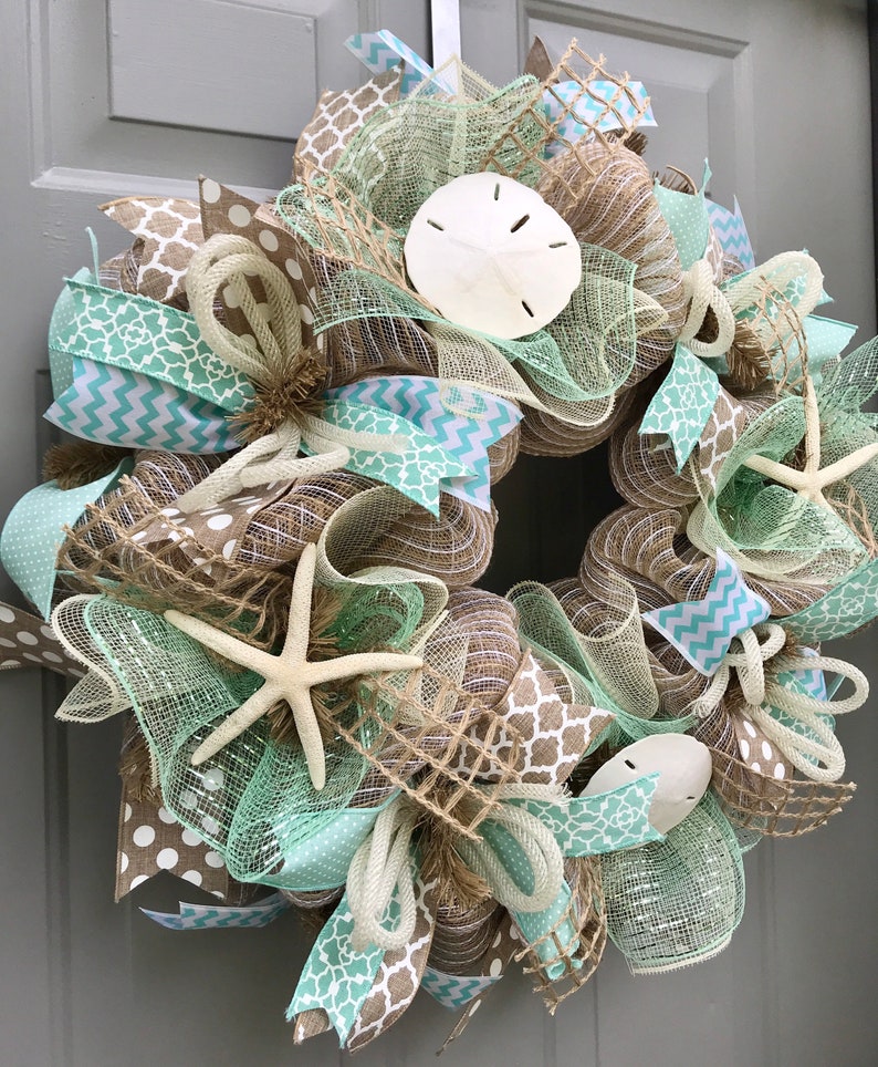 Beach Wreath Burlap Deco Mesh Wreath With Seashells Nautical - Etsy