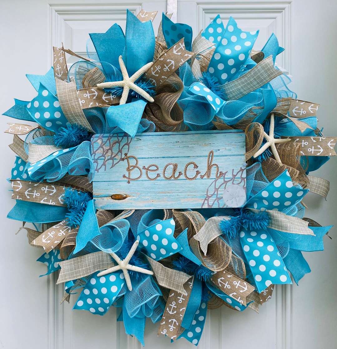 Beach Wreath, Burlap Deco Mesh Wreath With Seashells, Nautical Wreath ...