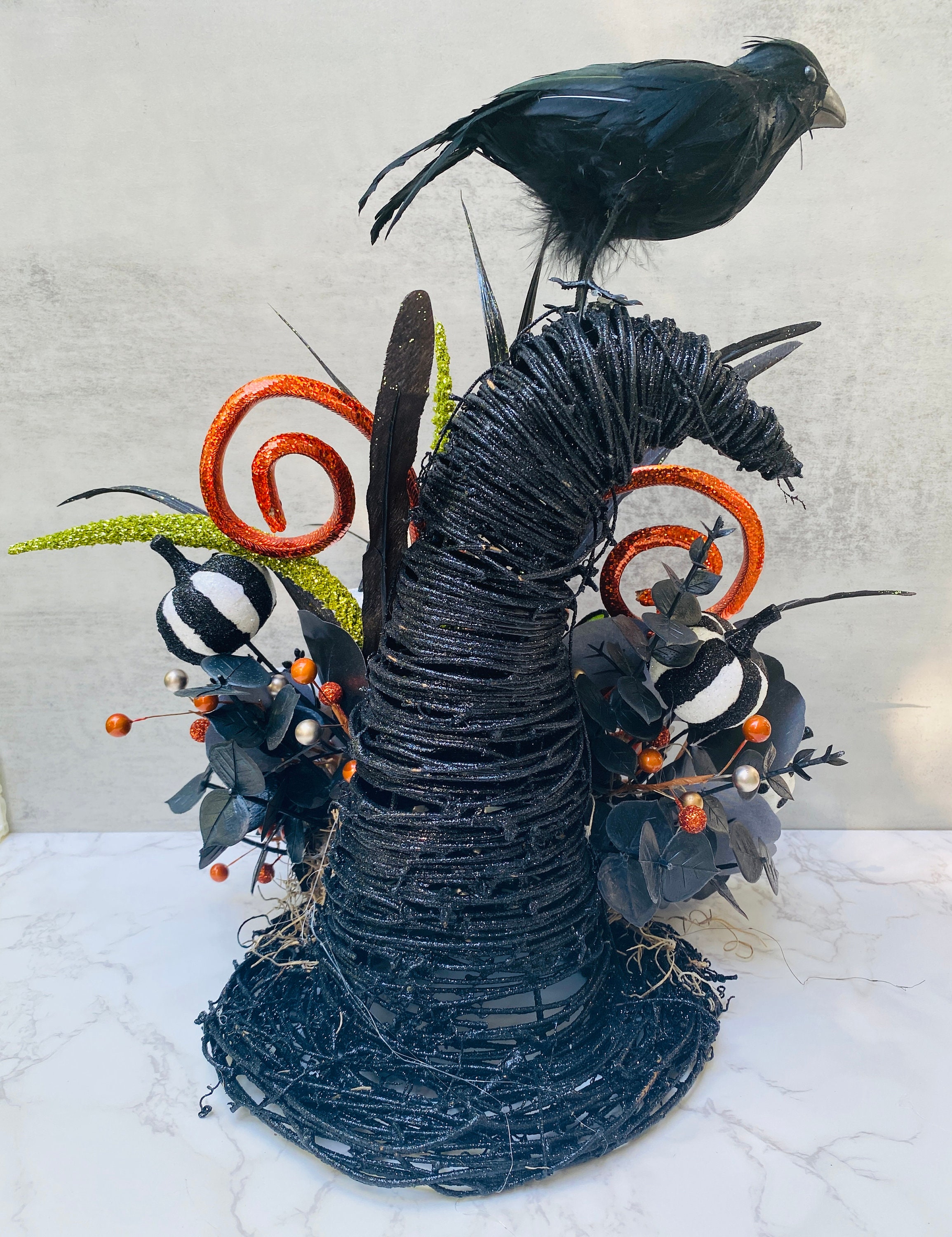 Halloween Table Arrangement, Witch Hat Centerpiece With Black Crow ...