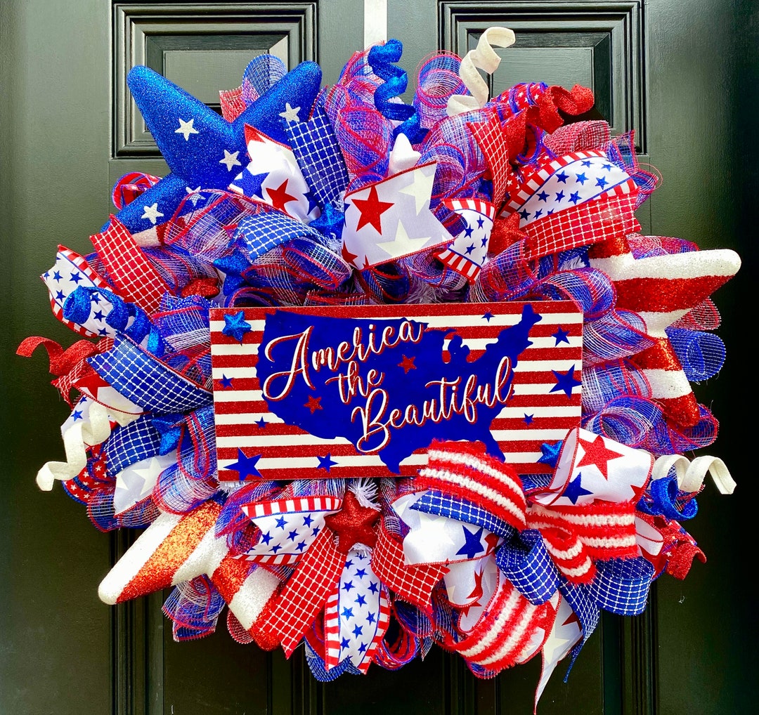 America the Beautiful Patriotic Wreath for Front Door, July 4th Front ...