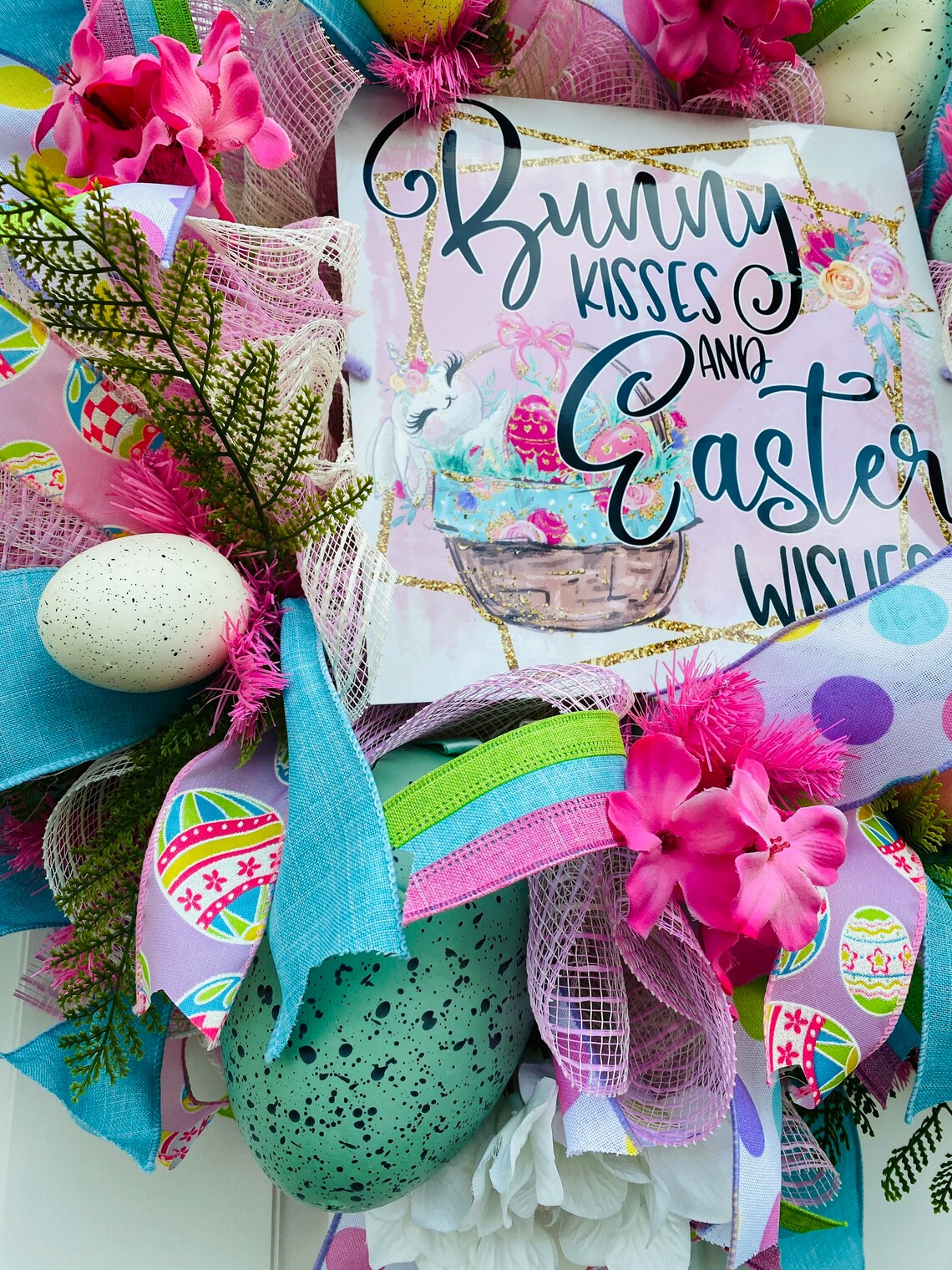 Easter Deco Mesh Wreath Bunny Kisses and Easter Wishes - Etsy