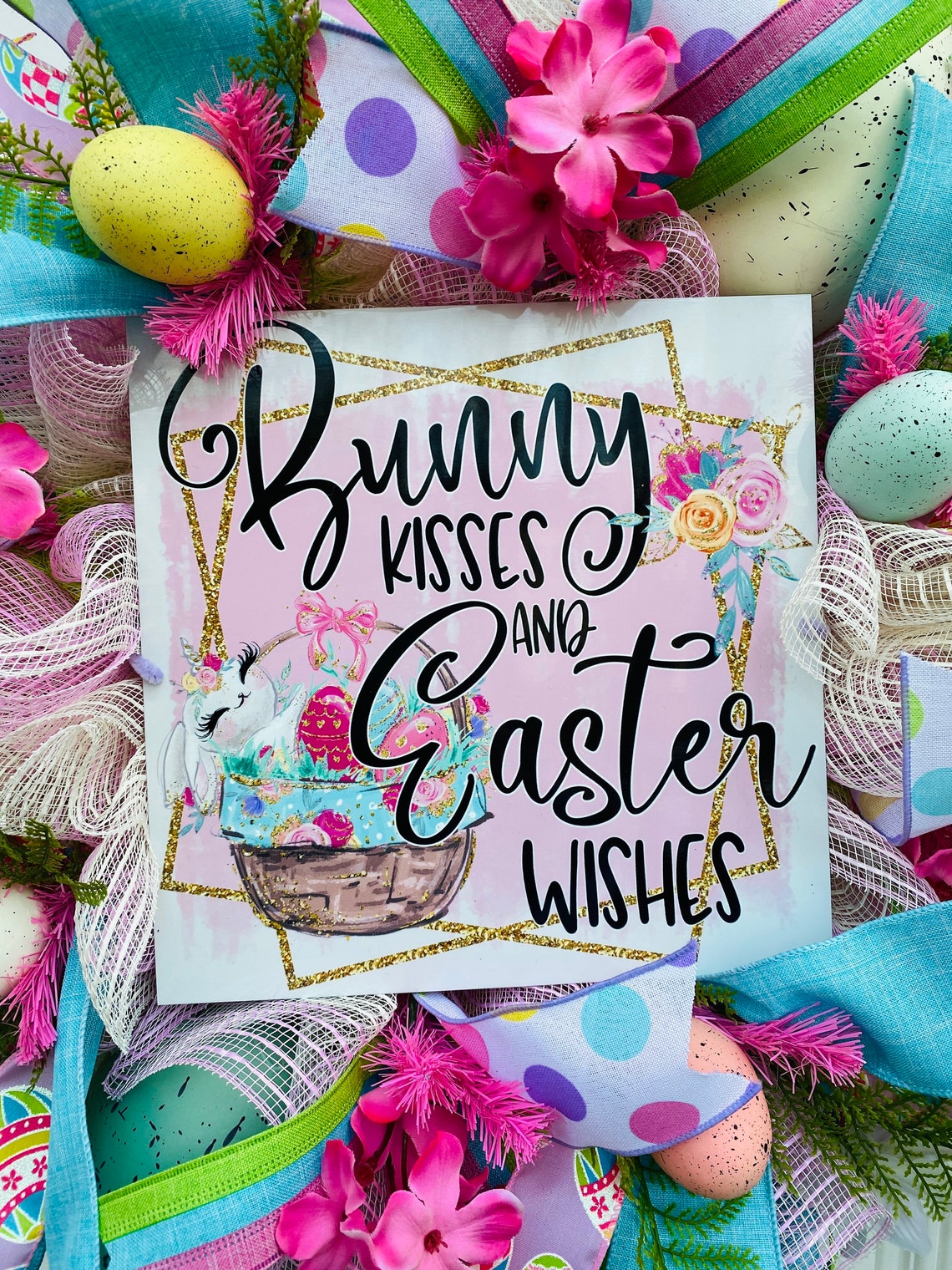 Easter Deco Mesh Wreath Bunny Kisses and Easter Wishes - Etsy