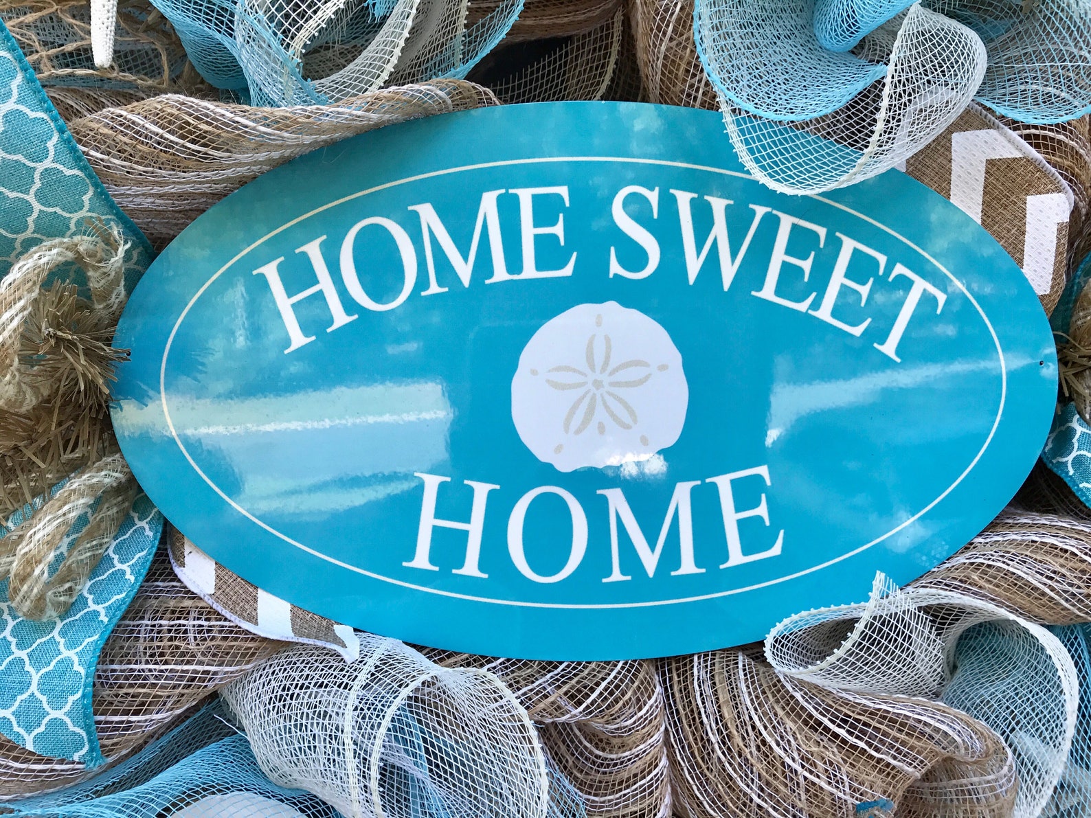 Home Sweet Home Beach Burlap Deco Mesh Wreath With Seashells | Etsy