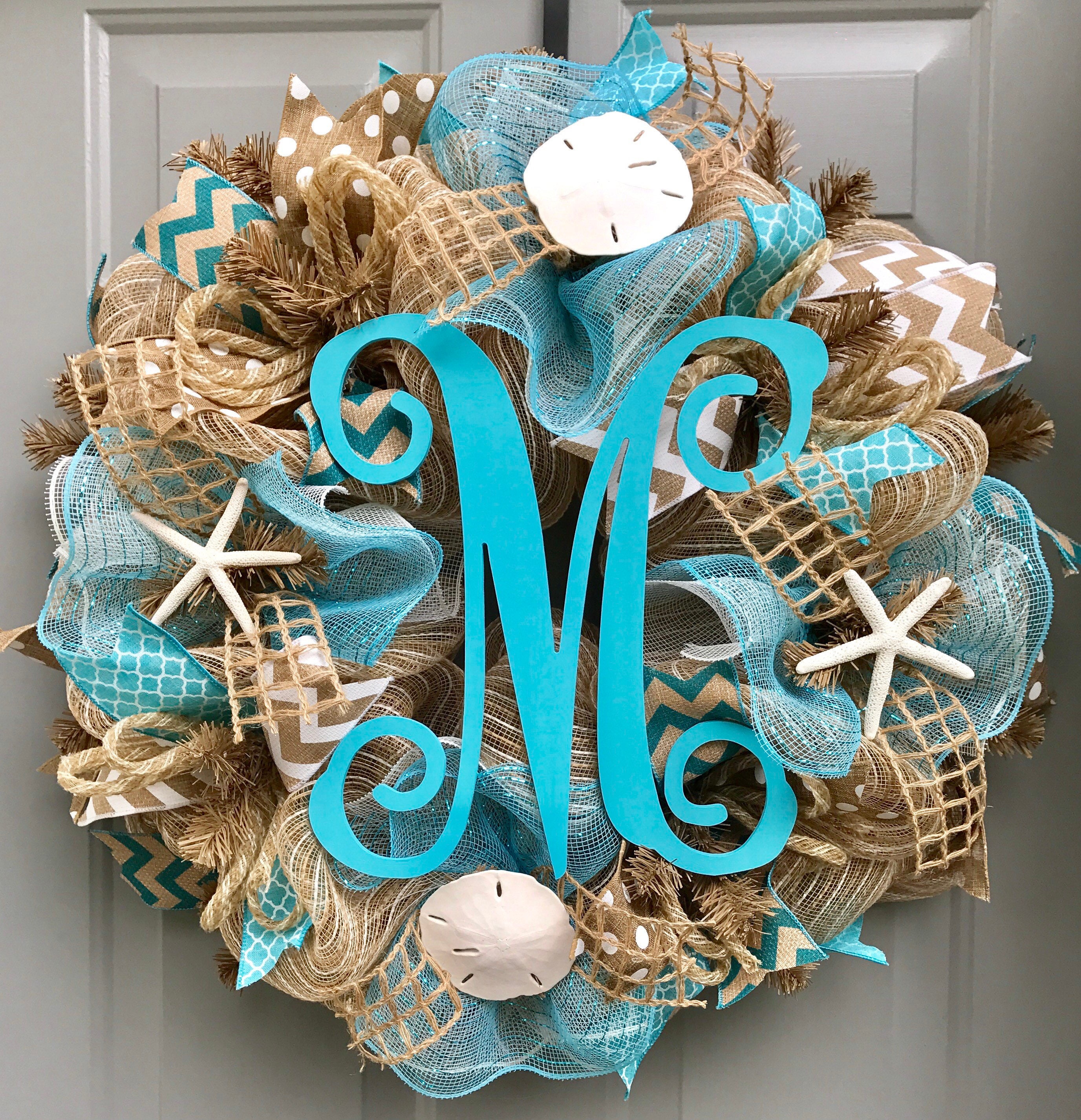 Personalized Beach Wreath Beach Burlap Deco Mesh Wreath with | Etsy