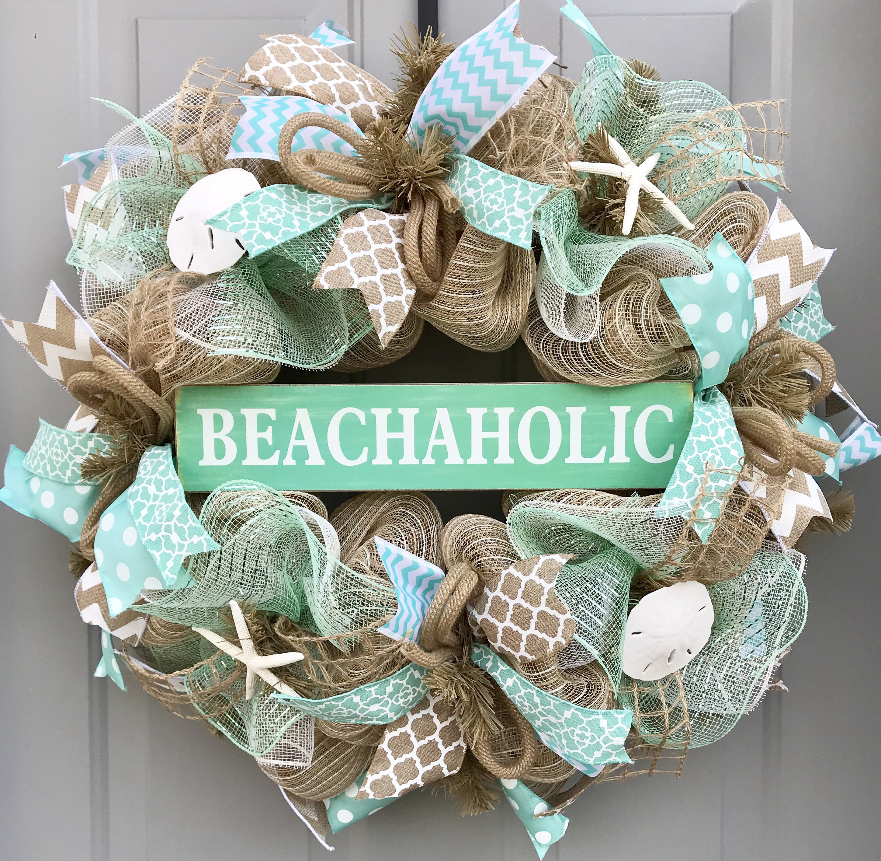 Beach Wreath Beachaholic Burlap Deco Mesh Wreath with | Etsy