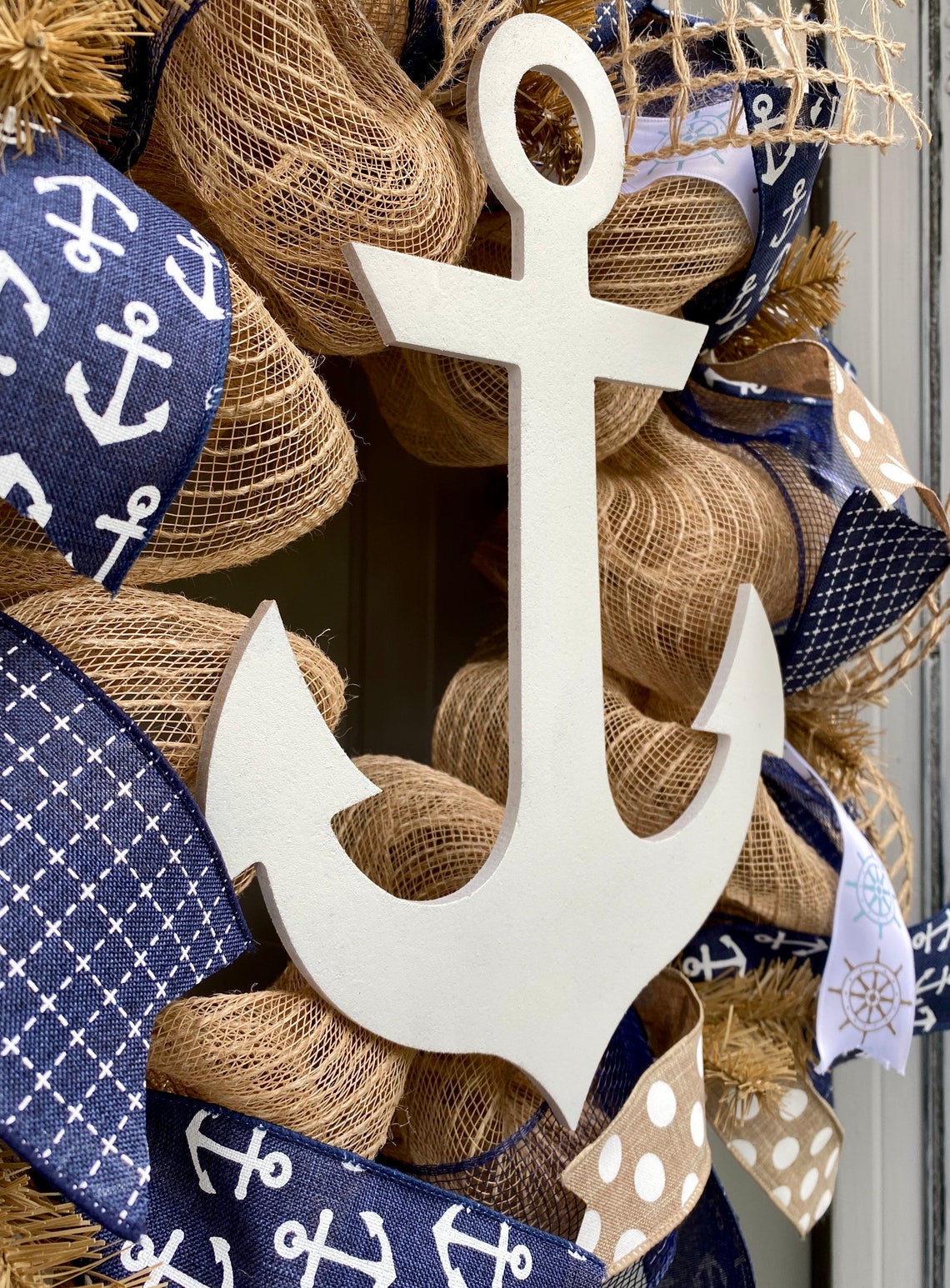 Anchor Nautical Burlap Deco Mesh Wreath With Navy Beach | Etsy