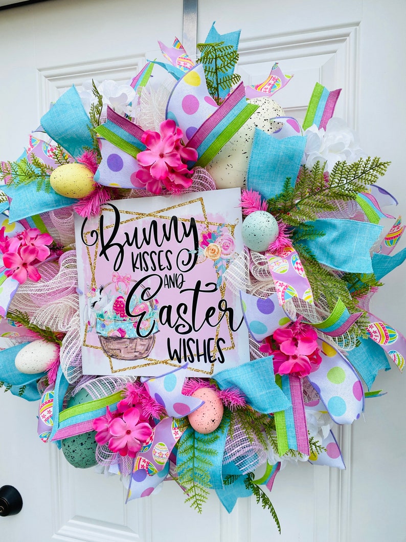 Easter Deco Mesh Wreath Bunny Kisses and Easter Wishes - Etsy