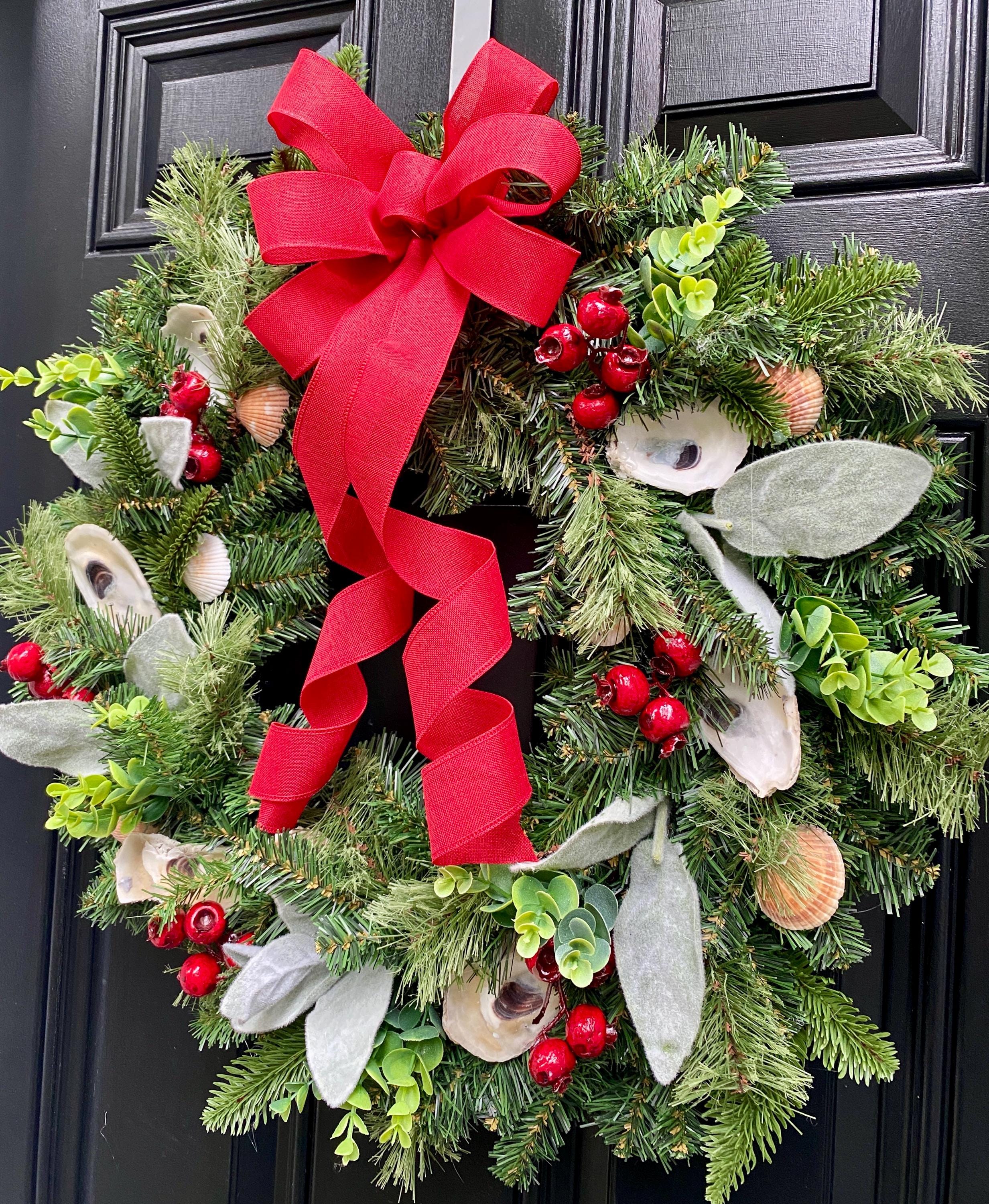 Oyster Seashell Evergreen Wreath With Lambs Ear, Natural Shell Holiday ...