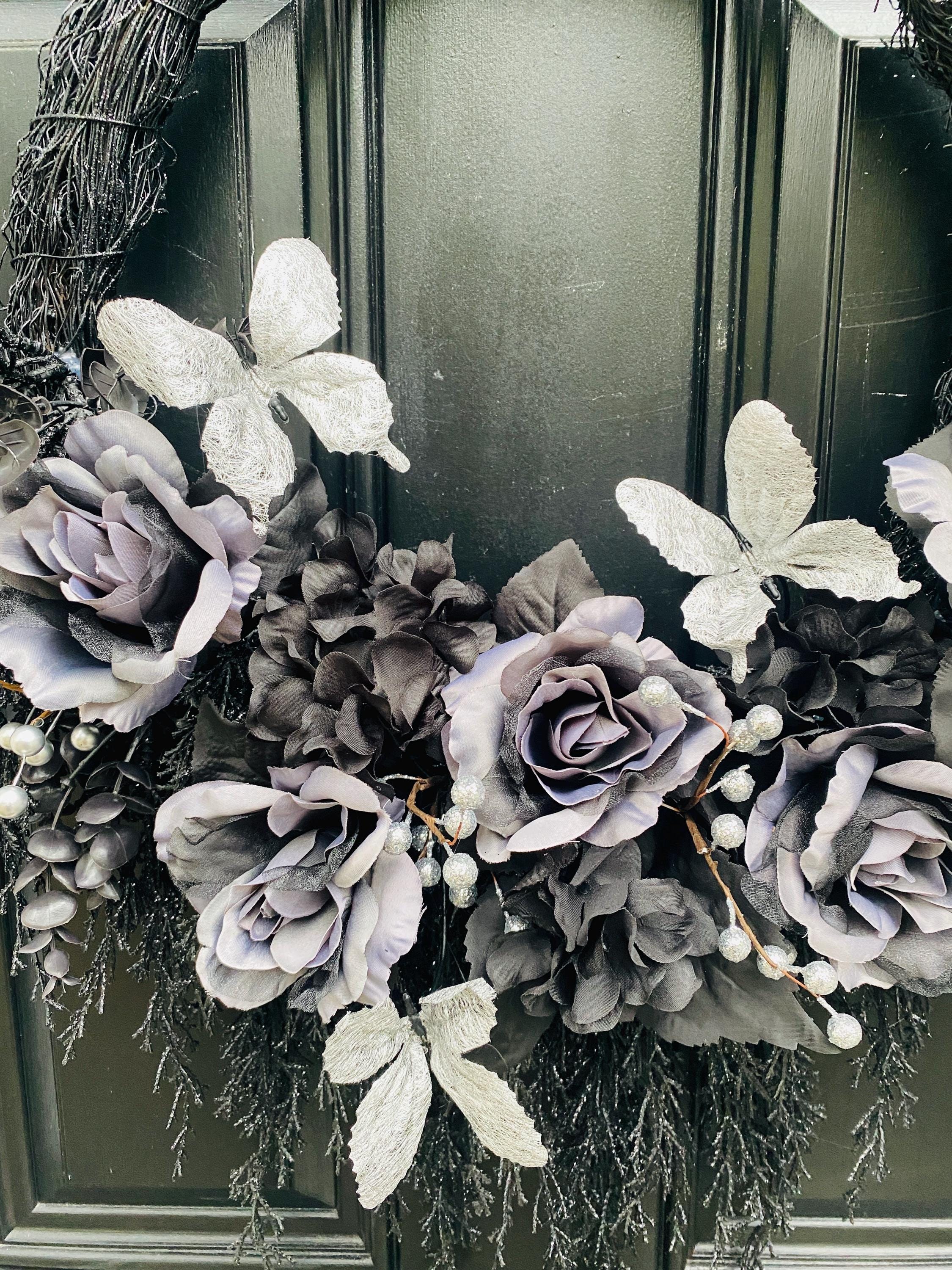 Gothic Halloween Wreath, Silver and Grey Rose Wreath With Trailing ...
