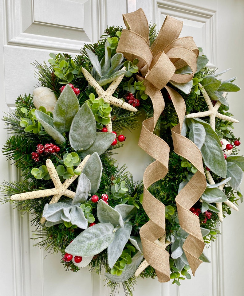Nautical Christmas Evergreen Wreath With Starfish and Lambs - Etsy