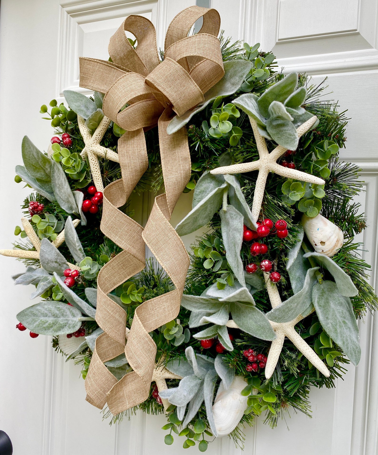 Nautical Christmas Evergreen Wreath With Starfish and Lambs - Etsy