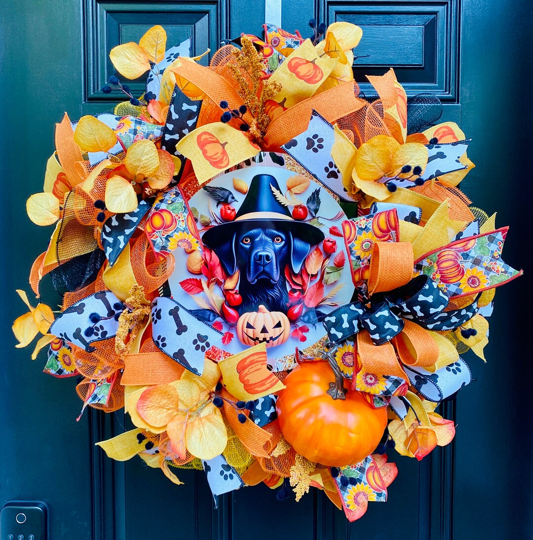 Black Lab Fall Wreath for Front Door, Halloween Wreath for Dog Lovers ...