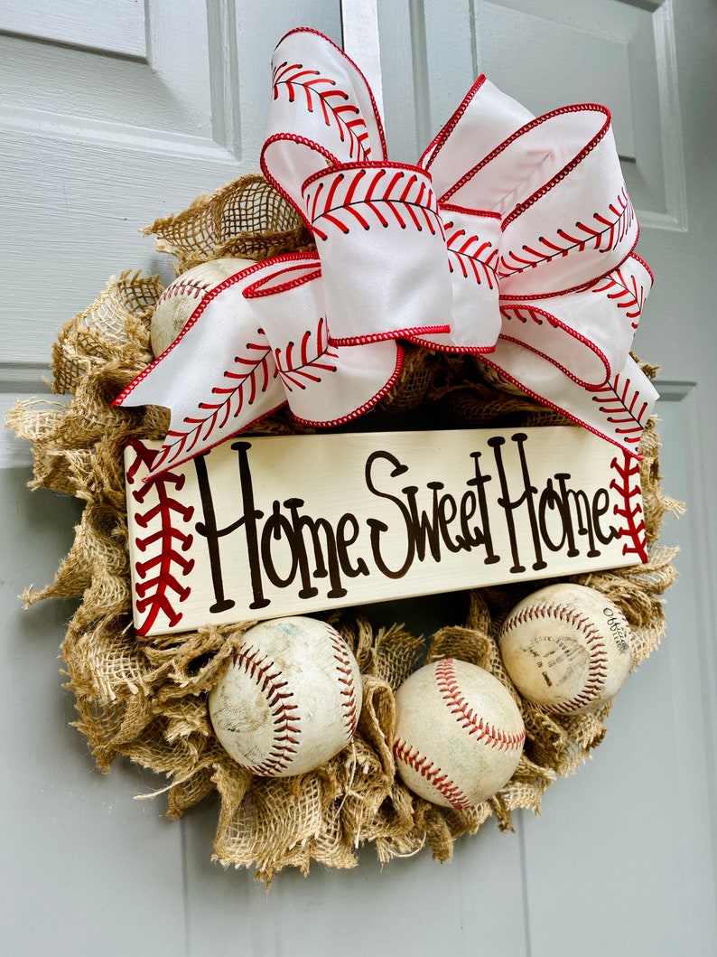 Baseball Wreath for Front Door, Home Sweet Home Baseball Burlap Wreath ...