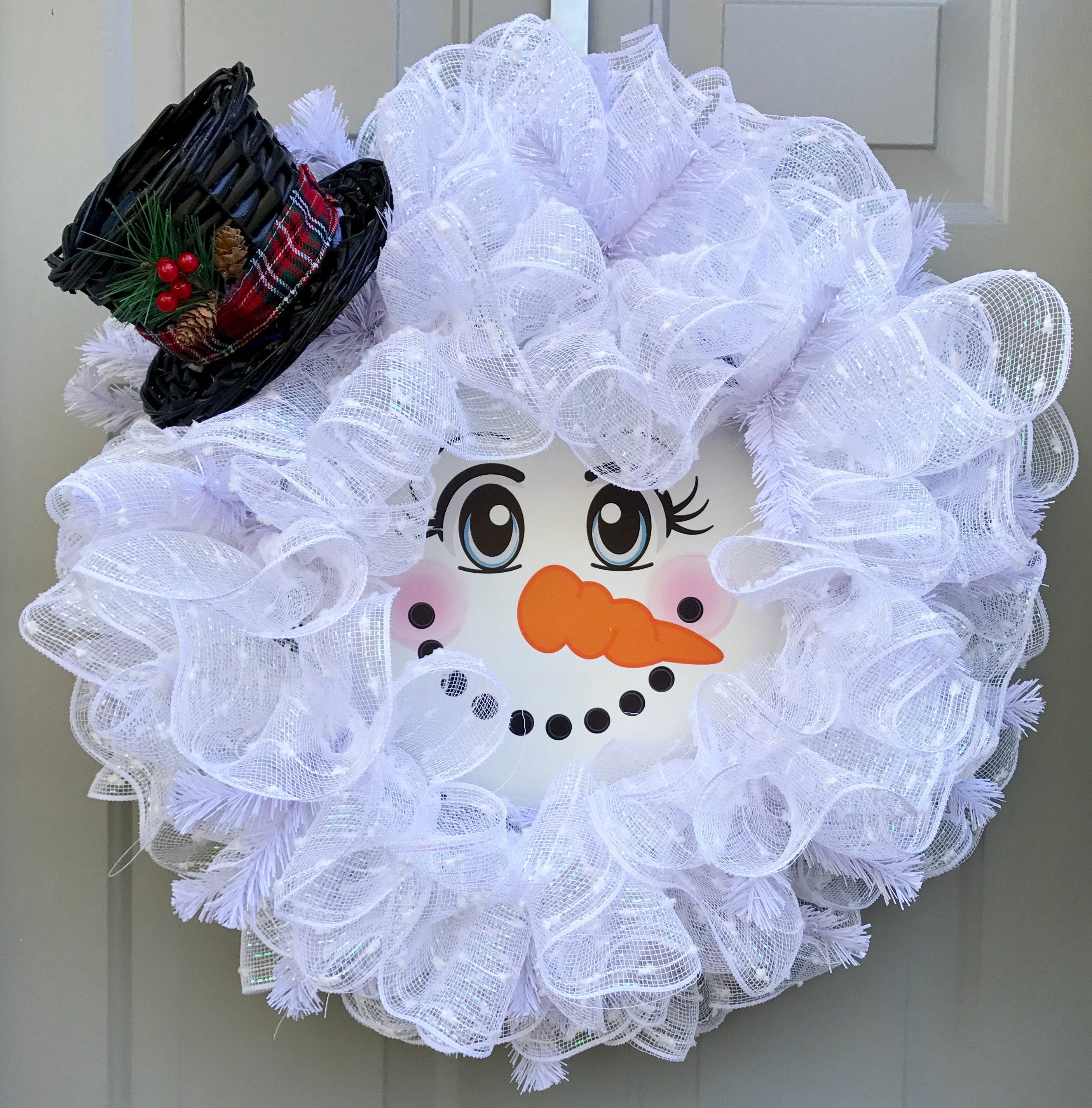 Snowman Deco Mesh Wreath Christmas Wreath Red And White Etsy
