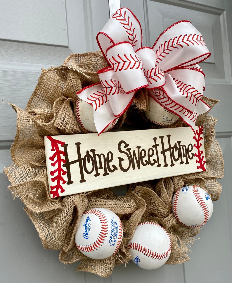 Baseball Wreath for Front Door, Home Sweet Home Baseball Burlap Wreath ...