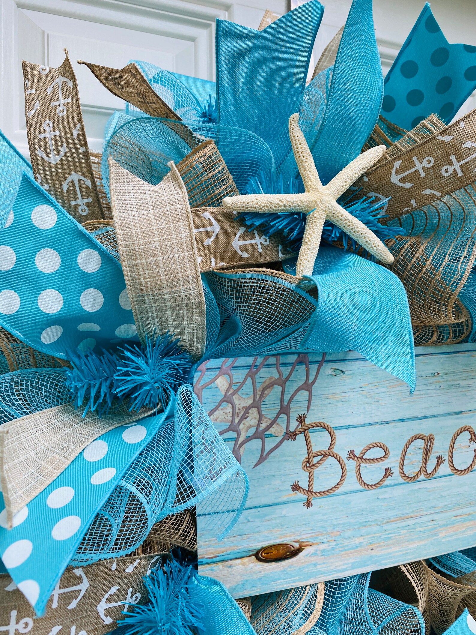 Beach Wreath, Burlap Deco Mesh Wreath With Seashells, Nautical Wreath ...
