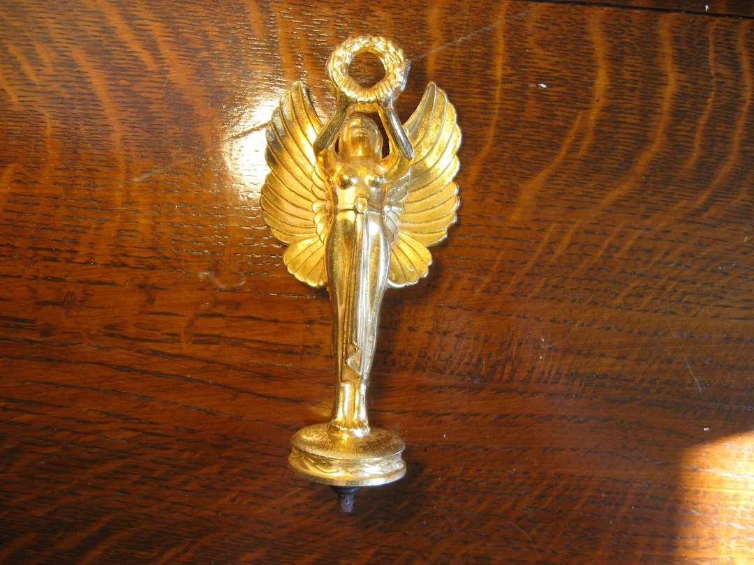Vintage Gold Winged Angel Hood Ornament Holding Wreath Victory Women ...