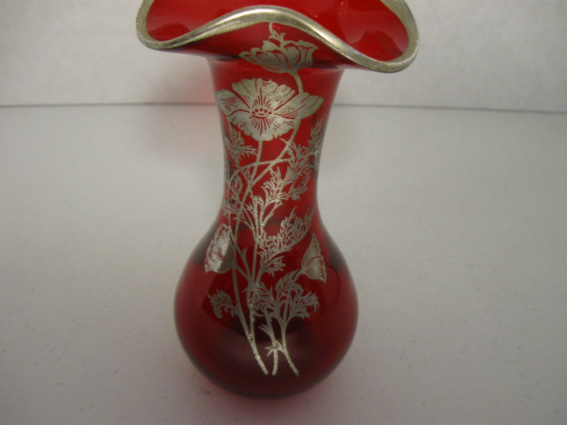 Vintage Red Glass Vase With Silver Overlay Red Flowers Blown | Etsy