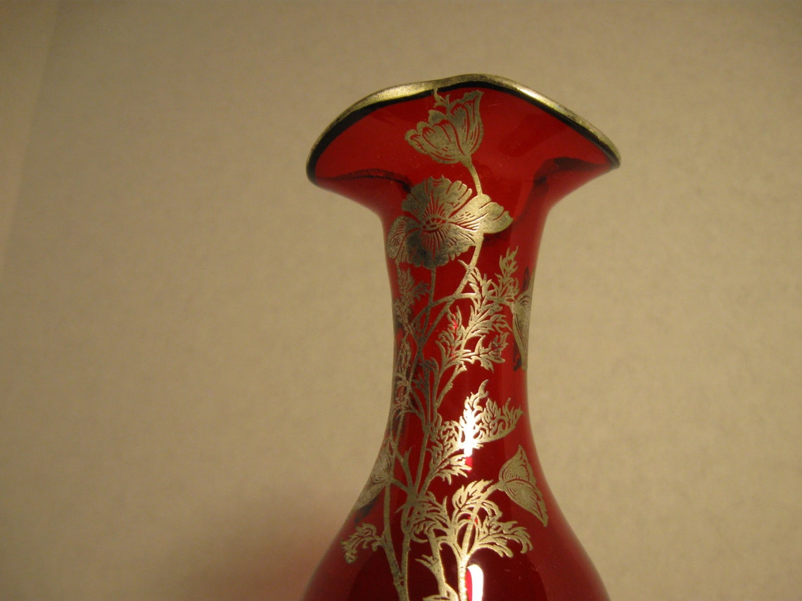 Vintage Red Glass Vase With Silver Overlay Red Flowers Blown | Etsy