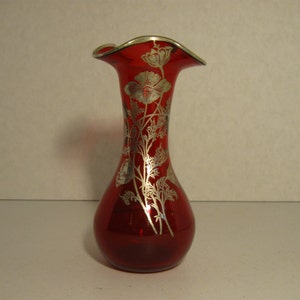 Vintage Red Glass Vase With Silver Overlay Flowers Blown Glass Rounded ...