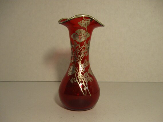 Vintage Red Glass Vase With Silver Overlay Red Flowers Blown | Etsy