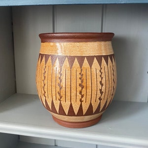 Attractive MID CENTURY Pottery Pot With Detailed Incised Design Brown ...