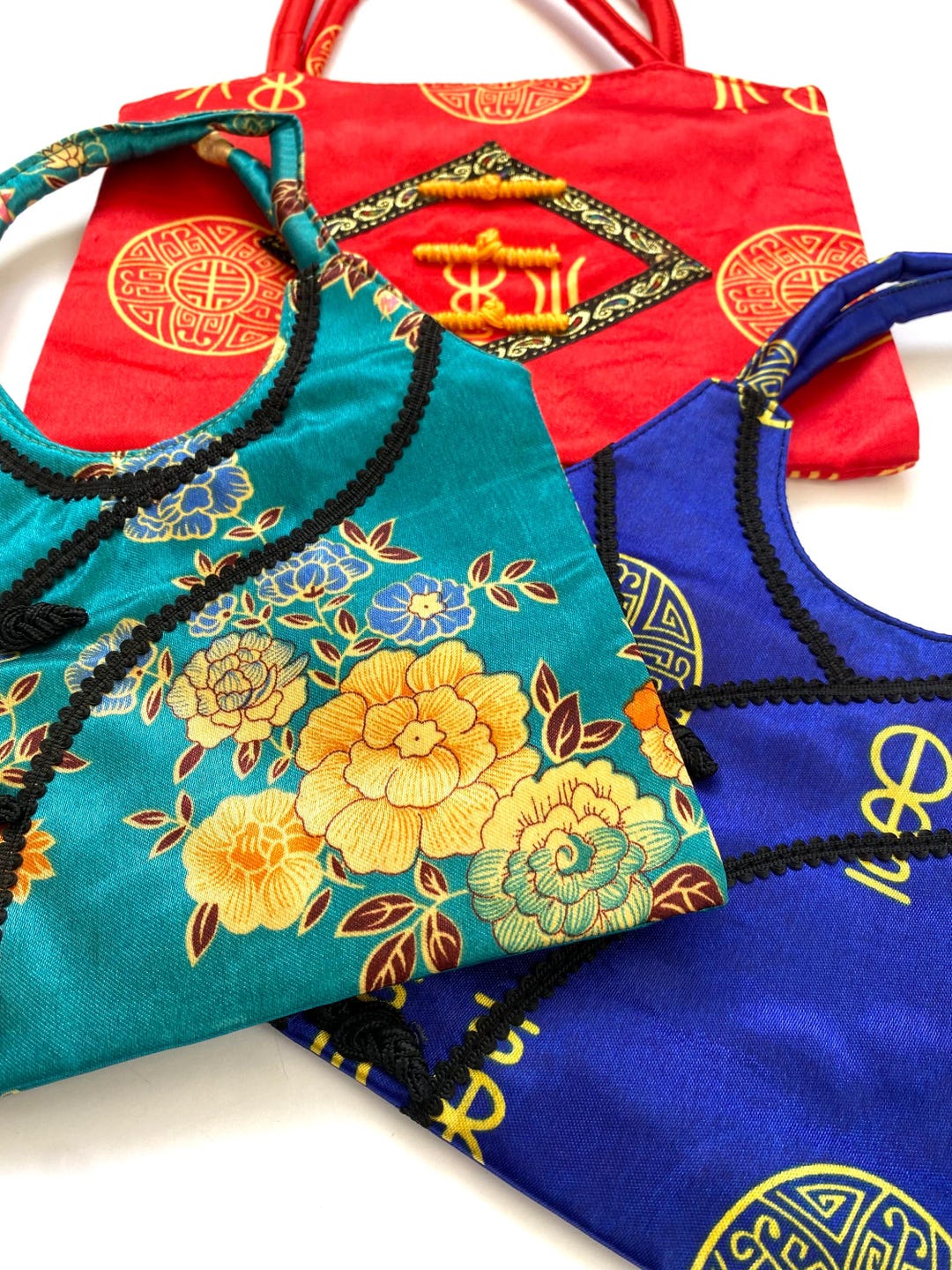 CHINESE Sateen Brocade Handbags X 3 New Old Stock Zipped Closure Lined ...